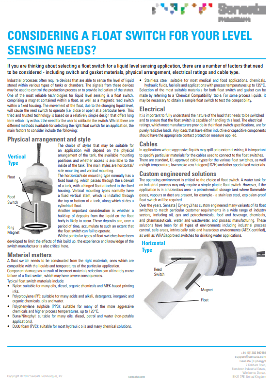 Cynergy3 Float Switch Selection Flyer | TTI, Inc.