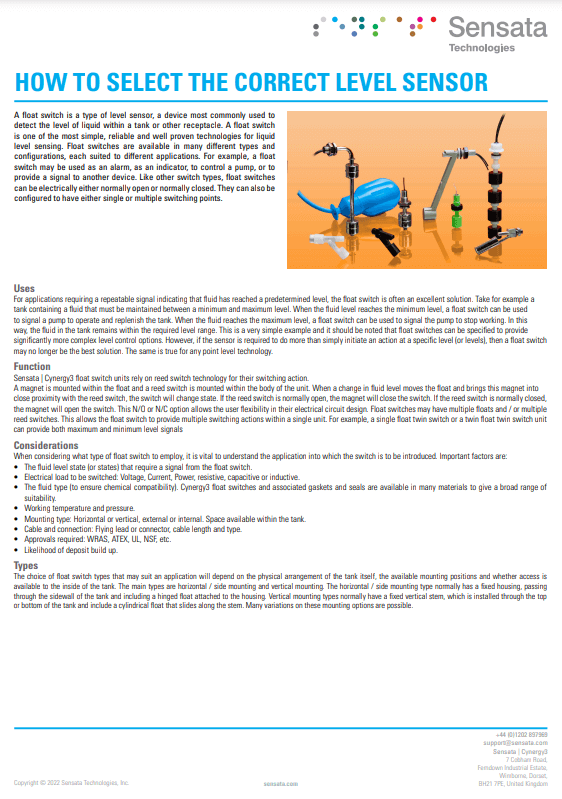 Cynergy3 Level Sensor Selection Flyer | TTI, Inc.