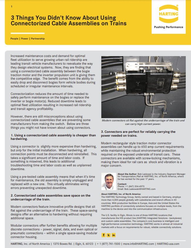 HARTING Connectorized Cable Assemblies on Trains | TTI, Inc.
