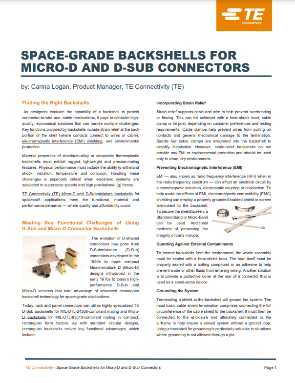 Te Connectivity Space Grade Micro D And D Sub Backshells Tti Inc